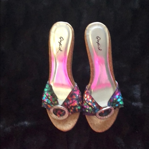 Shoes | Multi Colored Cork Heeled Wedges | Poshmark